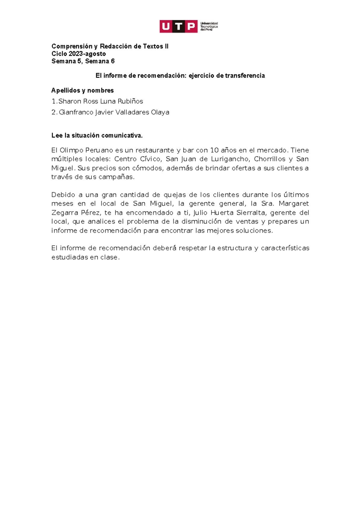 S05 y S06 - El informe de recomendaci n ejercicio de transferencia formato - Comprensión y ...