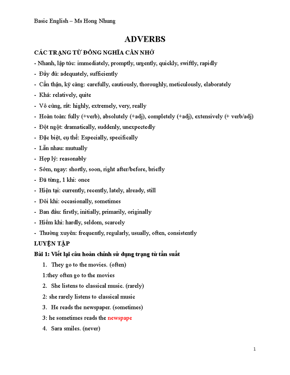 Adverbs - sdsd - ADVERBS CÁC TRẠNG TỪ ĐỒNG NGHĨA CẦN NHỚ Nhanh, lập tức ...