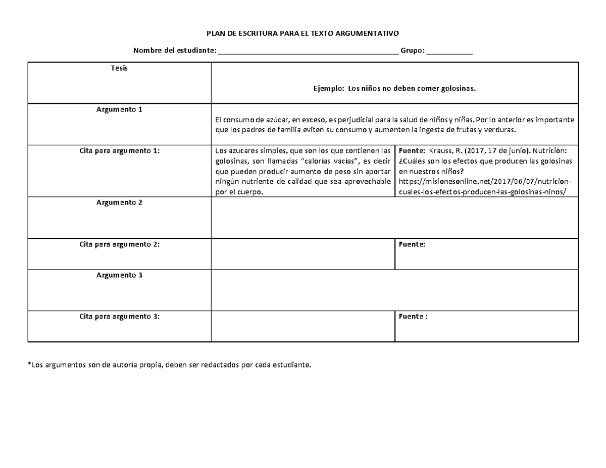 Anexo 2 - Plan de escritura para el texto argumentativo - PLAN DE ESCRITURA PARA EL TEXTO - Studocu