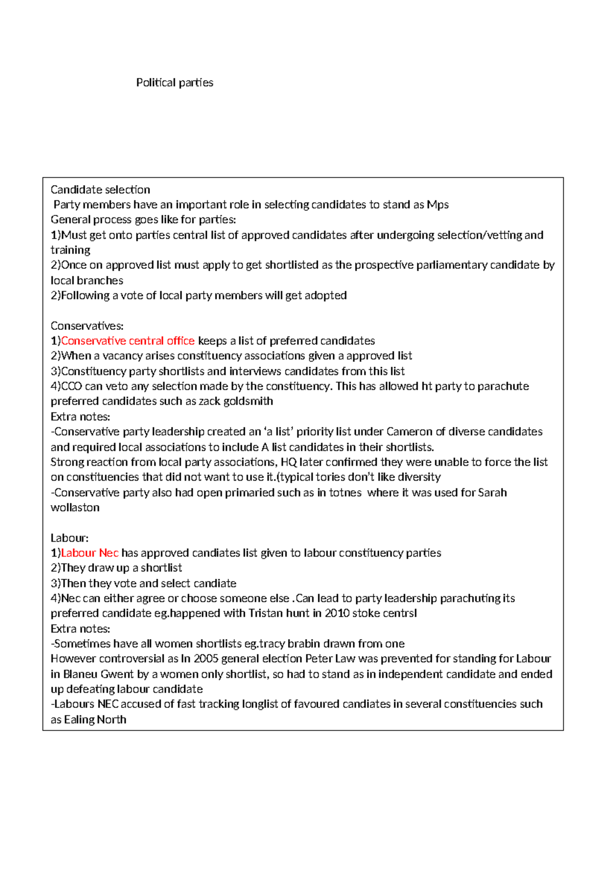 Political parties Notes - Political parties Candidate selection Party ...