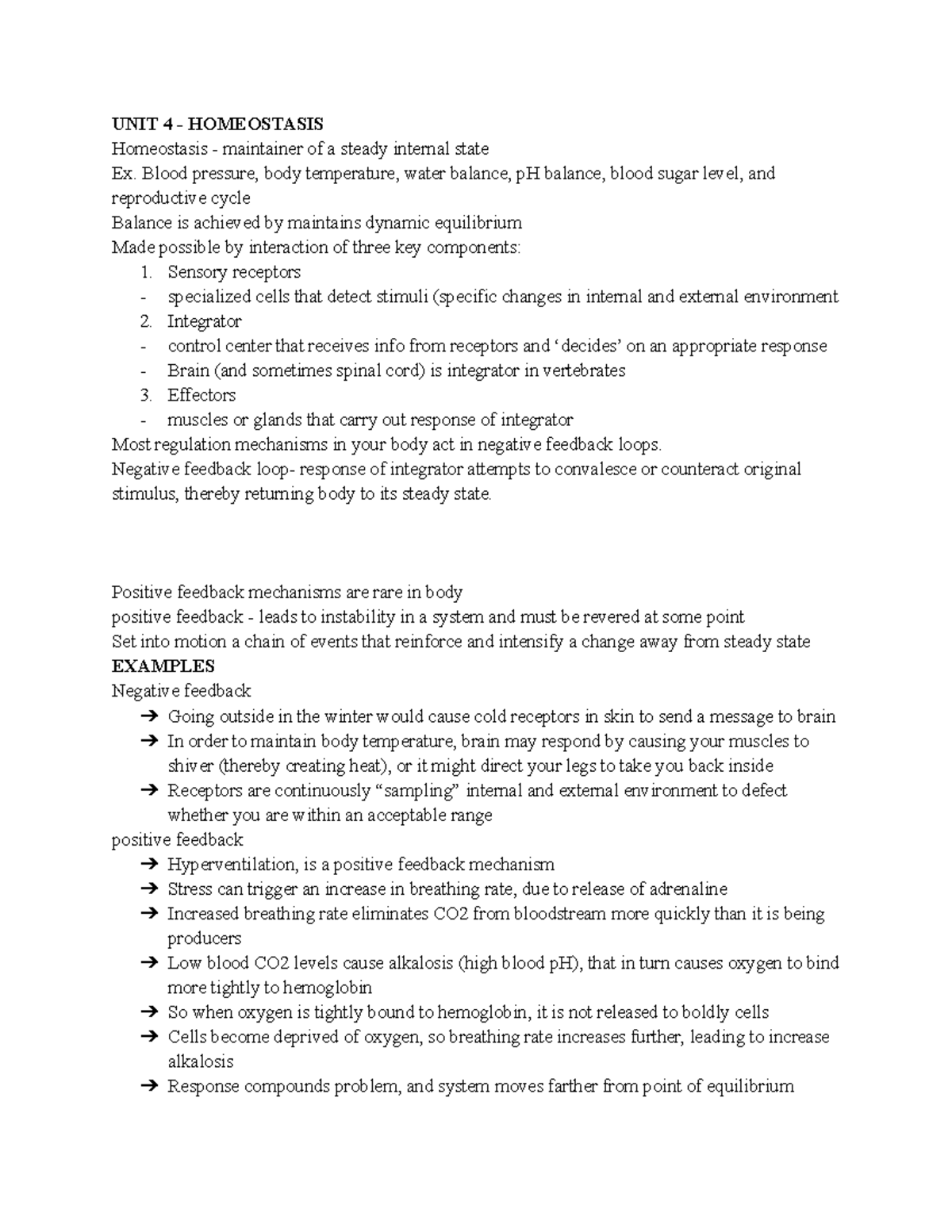 Bio Unit 4 homeostasis - class note - UNIT 4 - HOMEOSTASIS Homeostasis ...