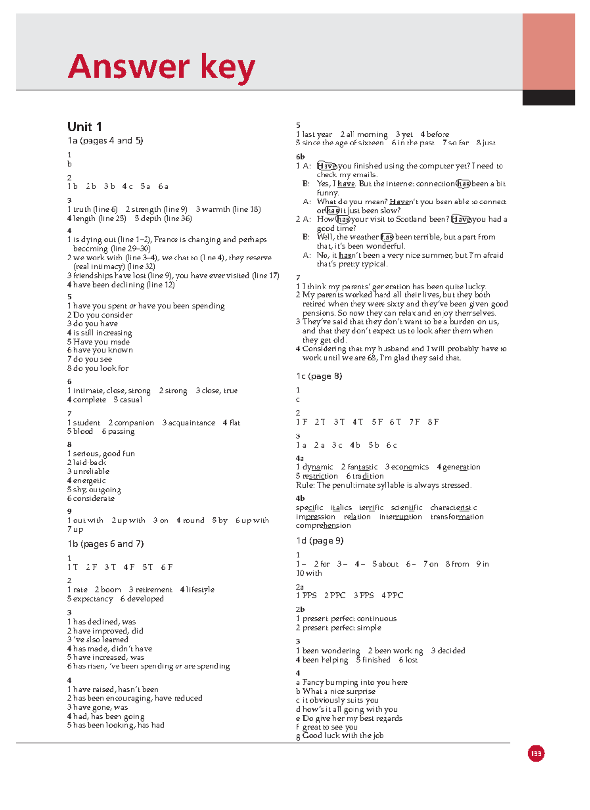 Upper Int Workbook Answer Key - Unit 1 1a (pages 4 and 5) 1 b 2 1 b 2 b ...