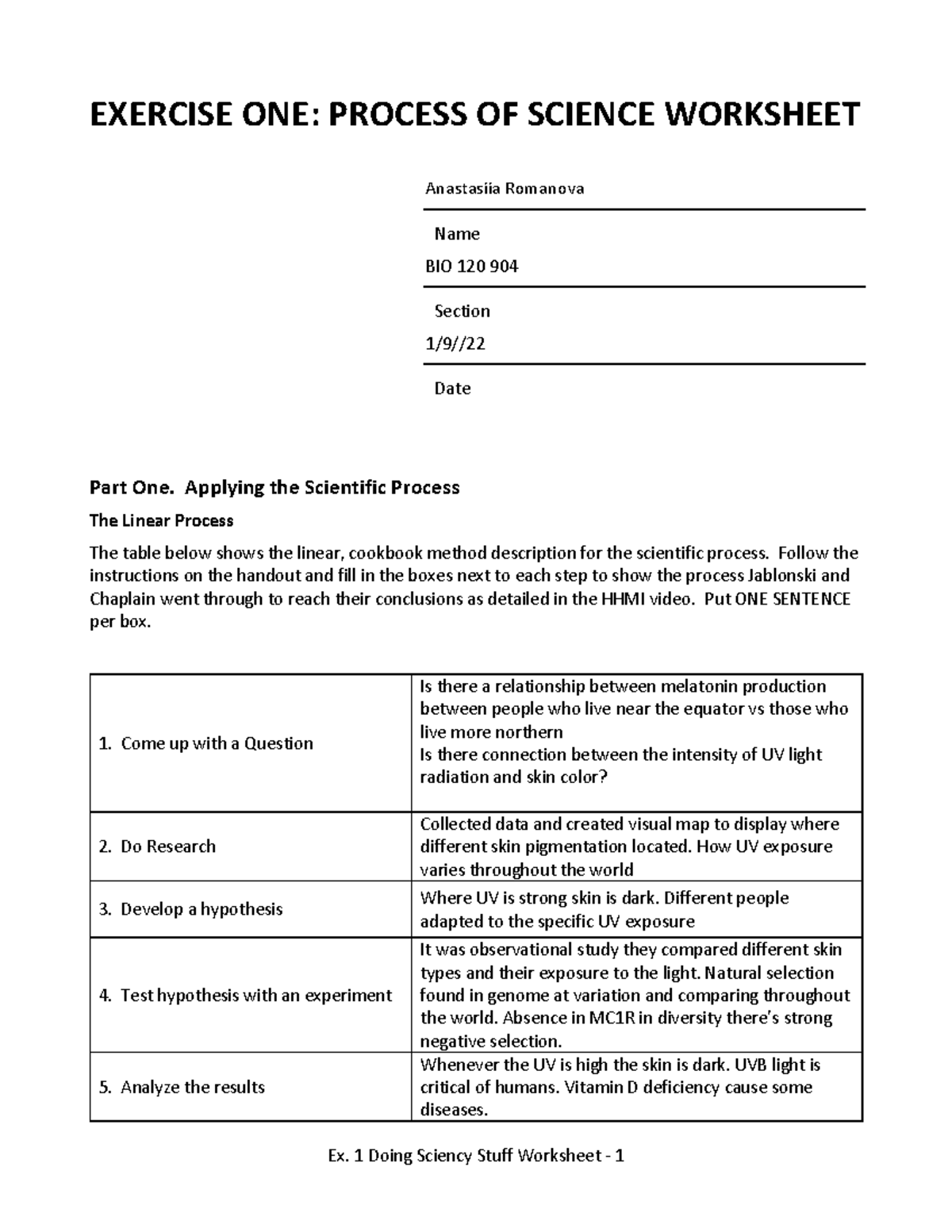 BIO 120 Exercise One Process of Science Worksheet F2022 - Ex. 1 Doing ...
