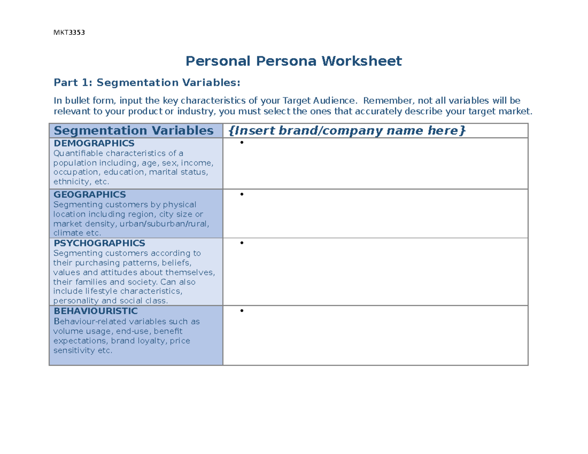 Personal Persona Worksheet Blank - MKT Personal Persona Worksheet Part ...