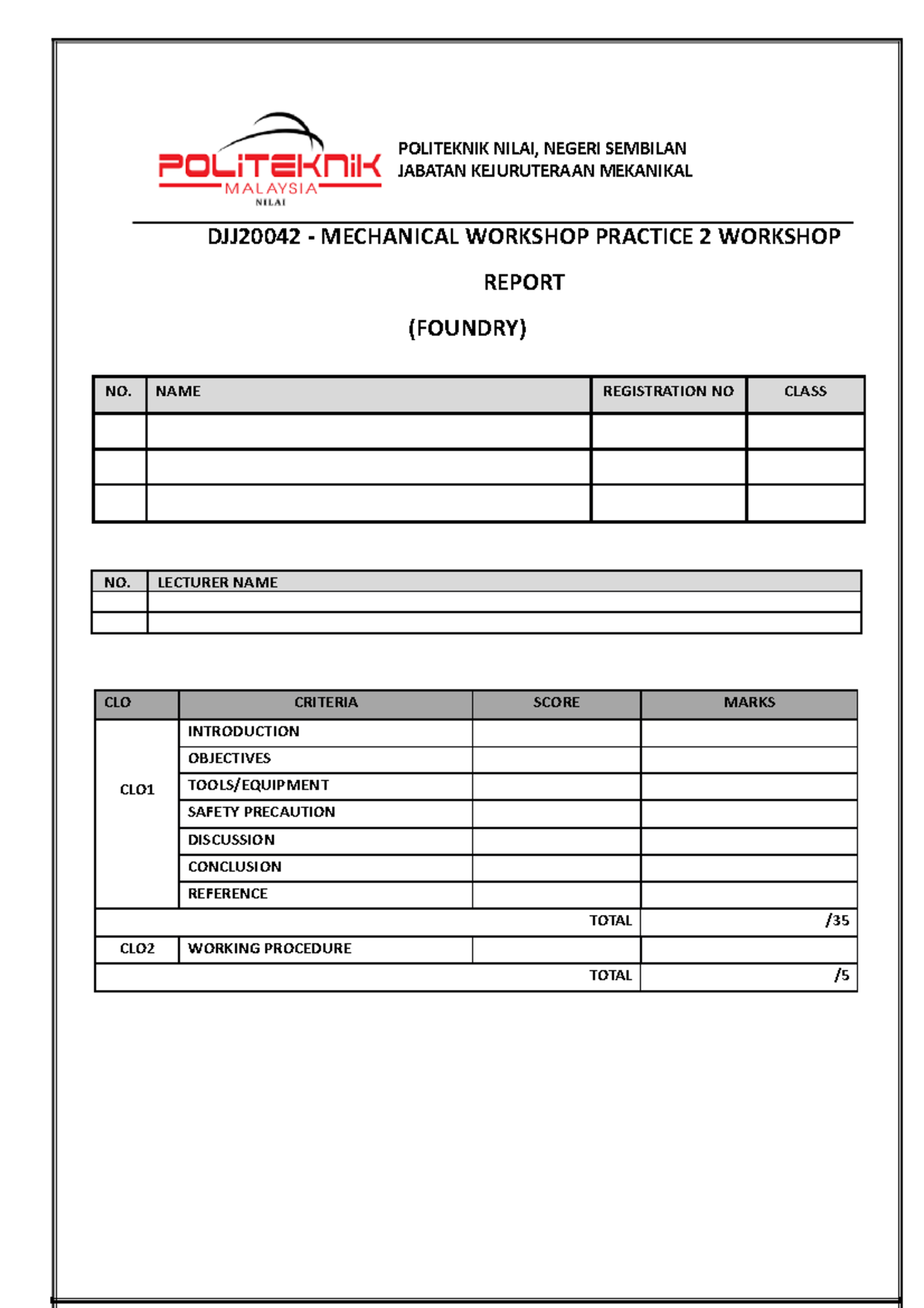 DJJ2004 2 Rubrik Report - POLITEKNIK NILAI, NEGERI SEMBILAN JABATAN ...