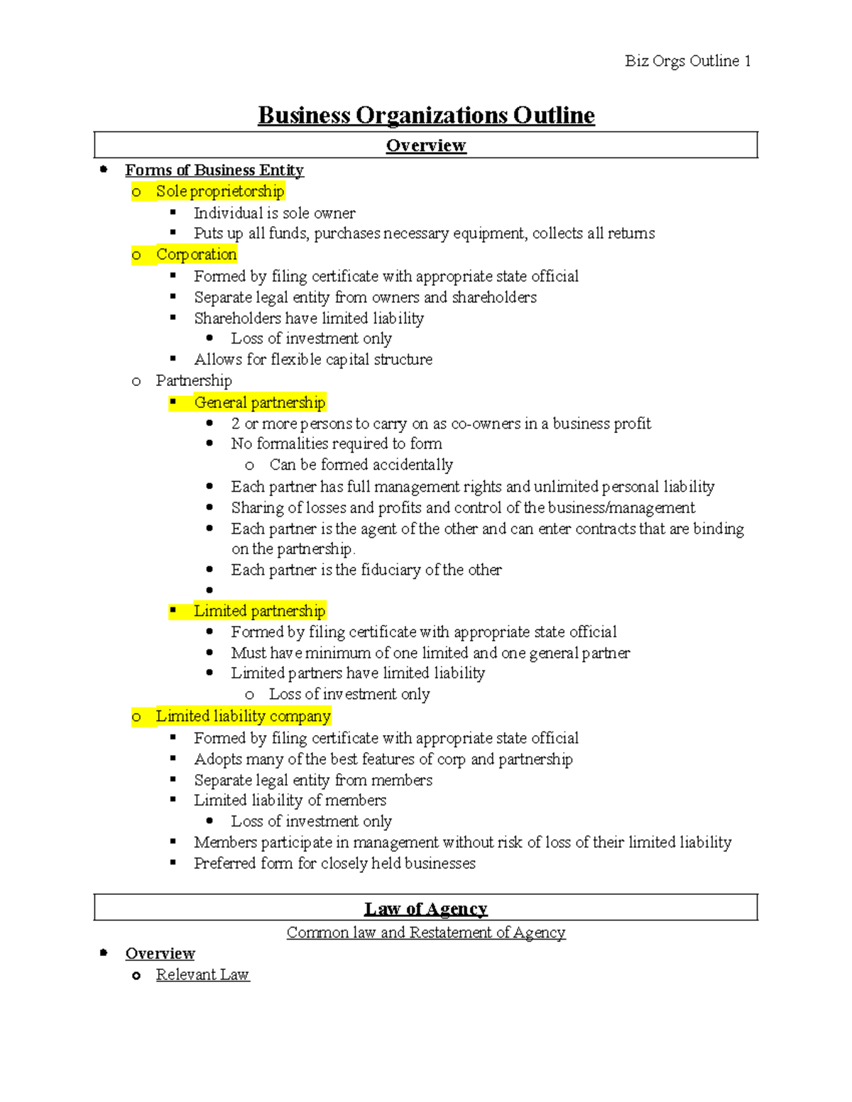 Biz Orgs Outline 2 - Business Organizations Outline Overview Forms of ...