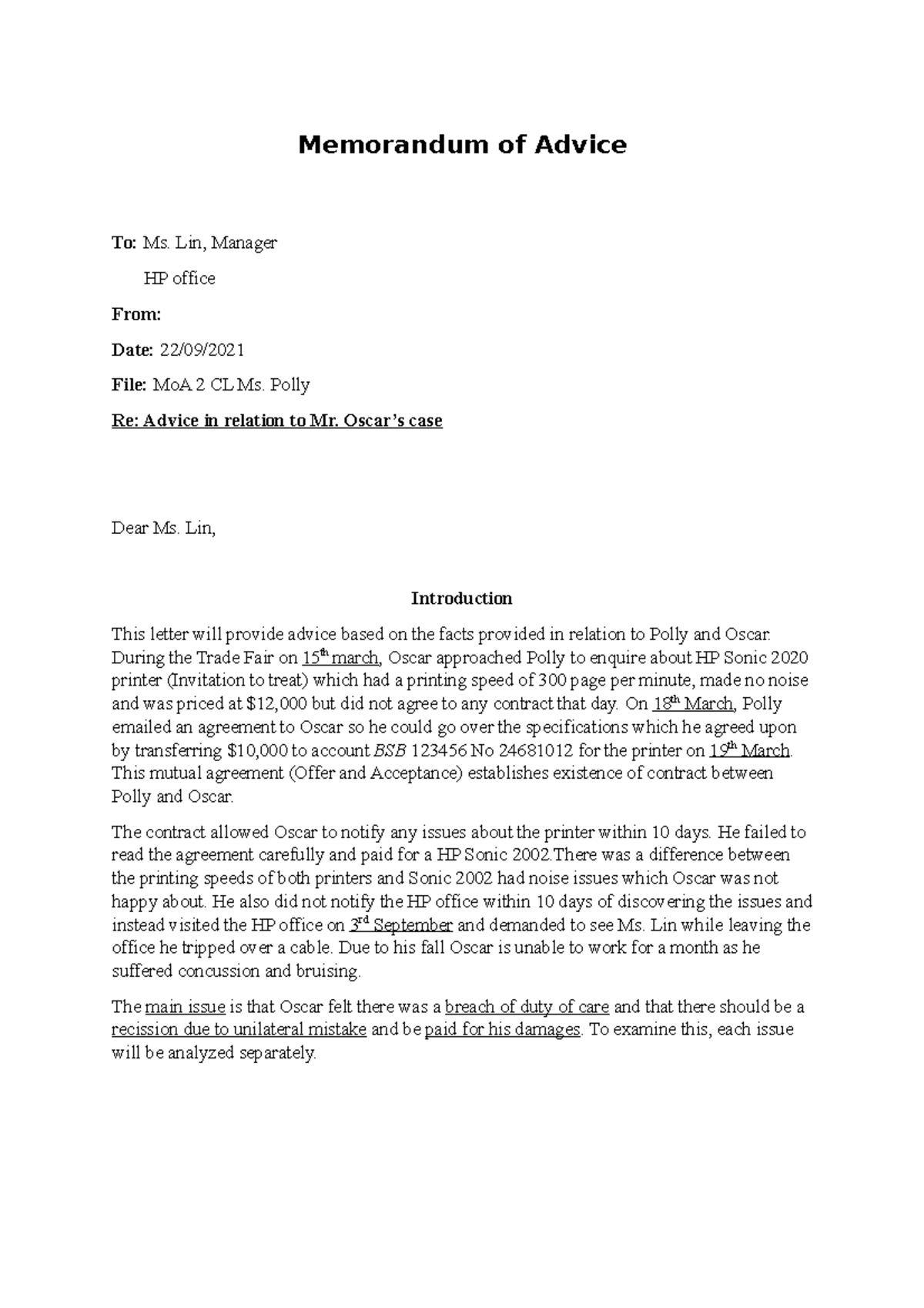 Memorandum of Advice - This is the coursework for the subject of ...