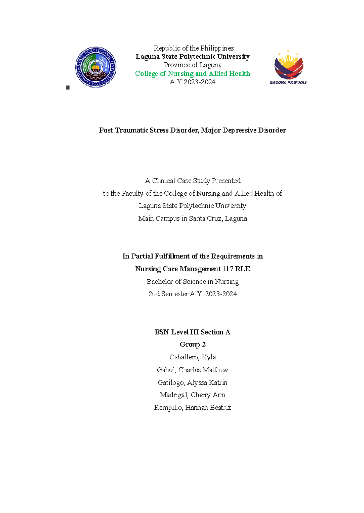 G1 NCM 117 CASE PRES - CASE PRES PTSDMDD - Republic of the Philippines ...