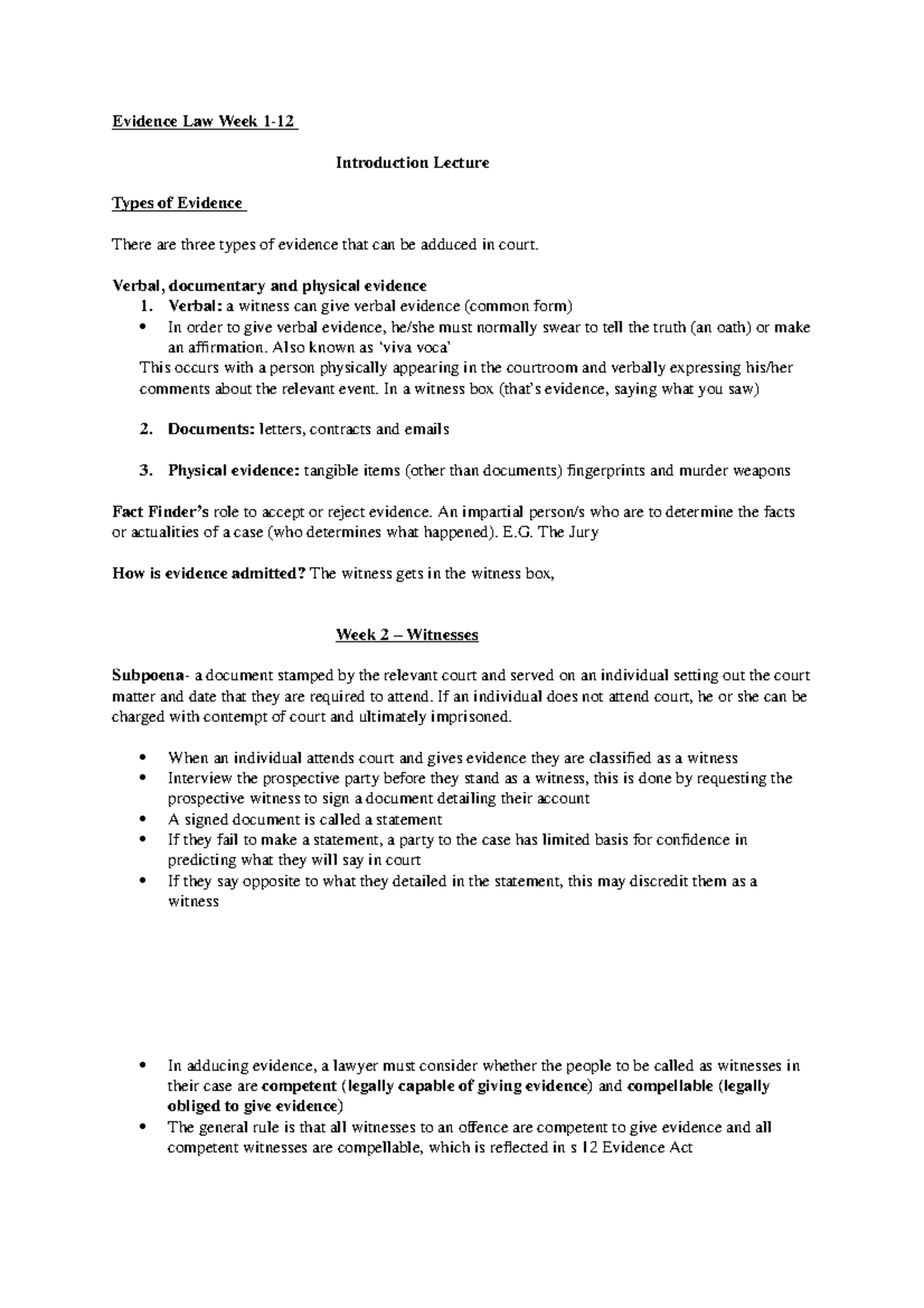 Evidence Law Lectures & Tuts, Final Exam - Evidence Law Week 1 ...
