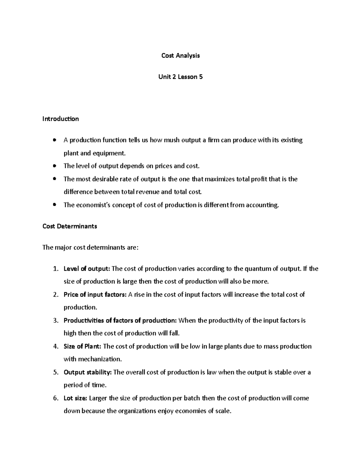 Cost Analysis - Cost Analysis Unit 2 Lesson 5 Introduction A production ...