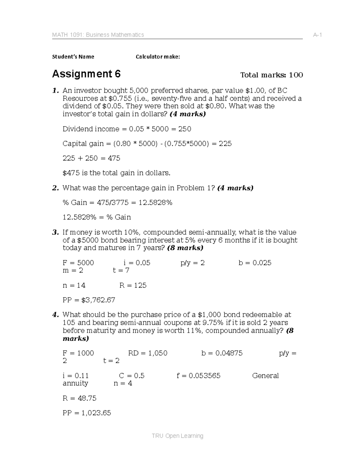 MATH1091 6 - comm 355 - MATH 1091: Business Mathematics A- Student’s ...