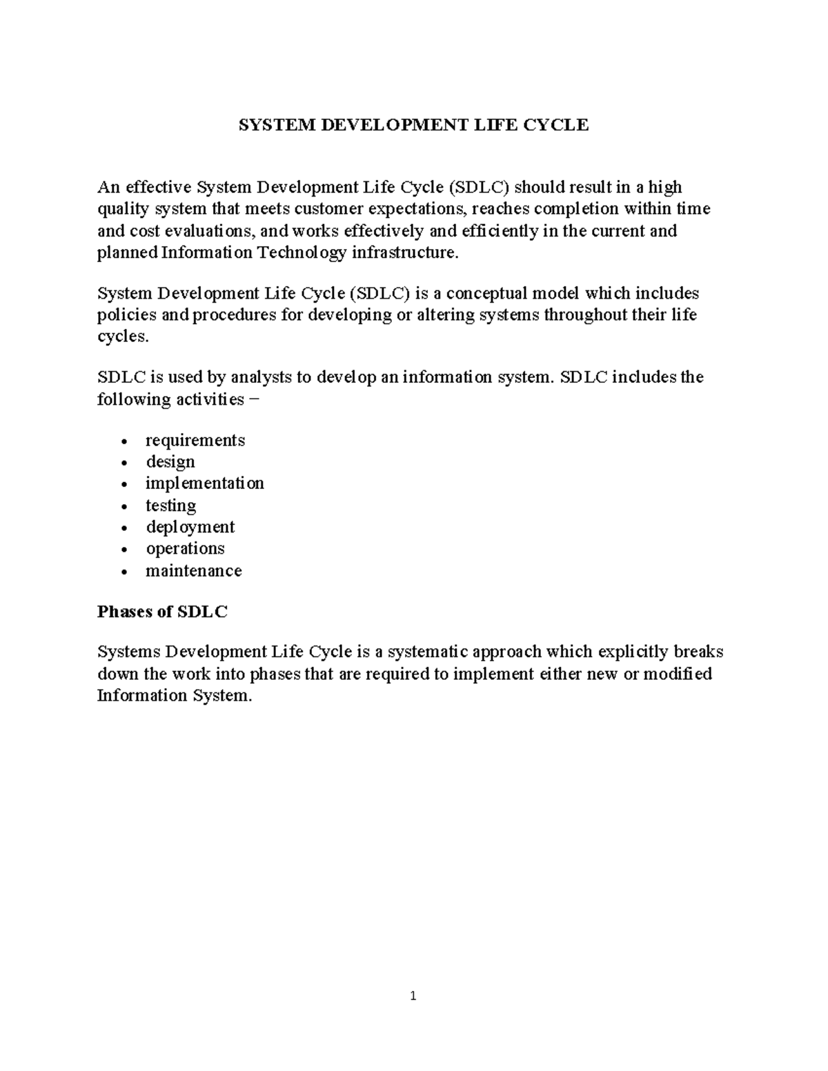 System Development Life Cycle Notes 1 - SYSTEM DEVELOPMENT LIFE CYCLE ...