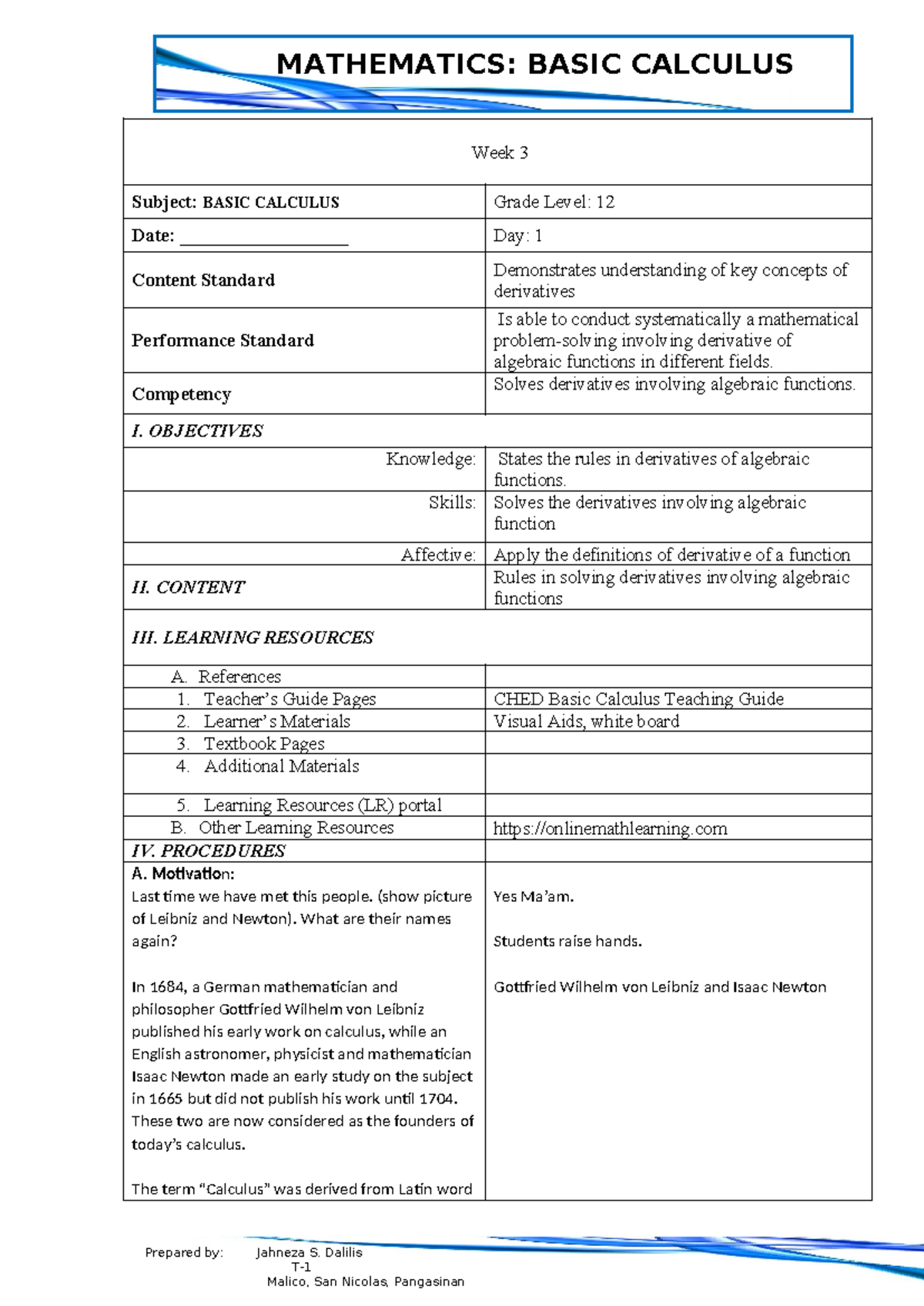 Elementary Calculus - Prepared by: Jahneza S. Dalilis T- Week 3 Subject ...