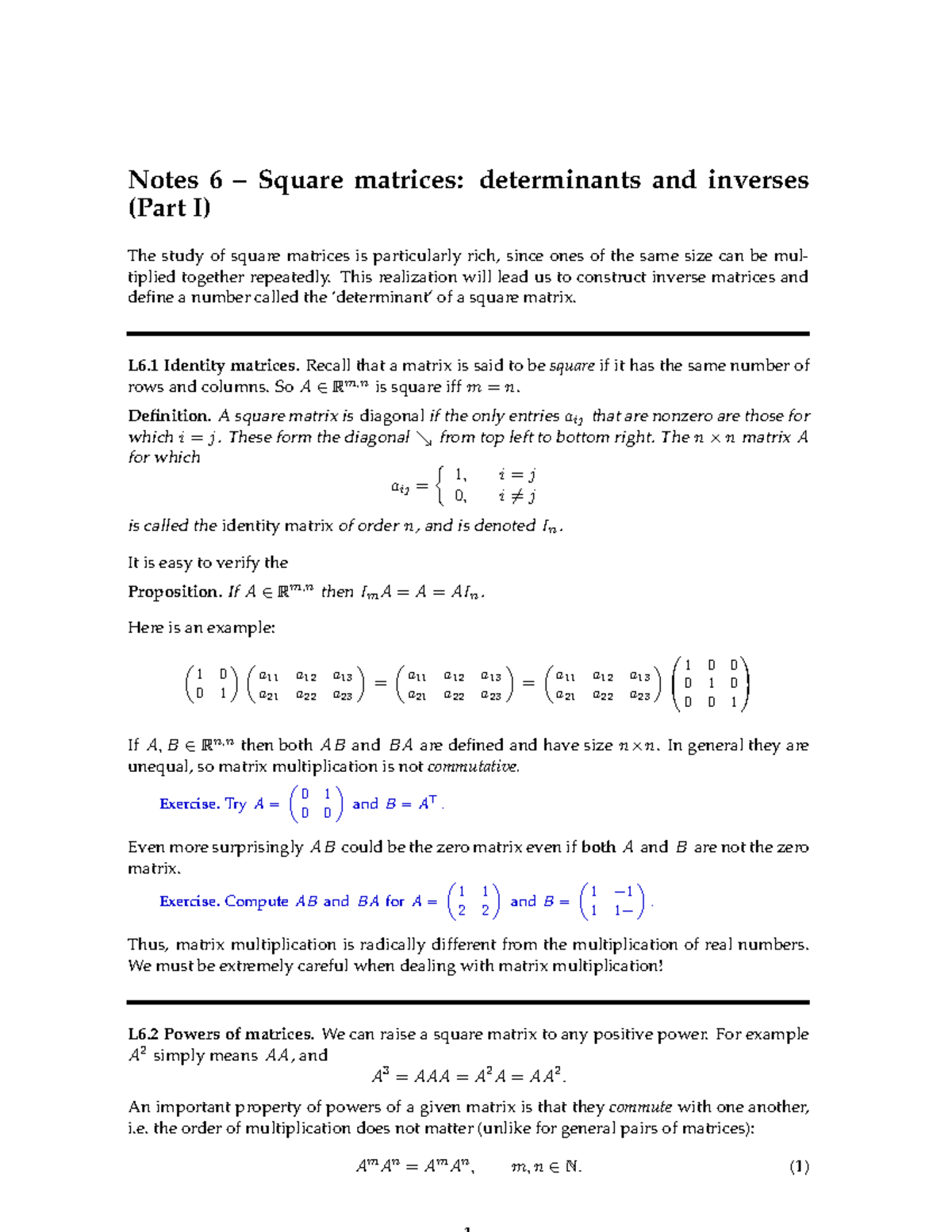 LAG6en - Notes 6 – Square matrices: determinants and inverses (Part I ...