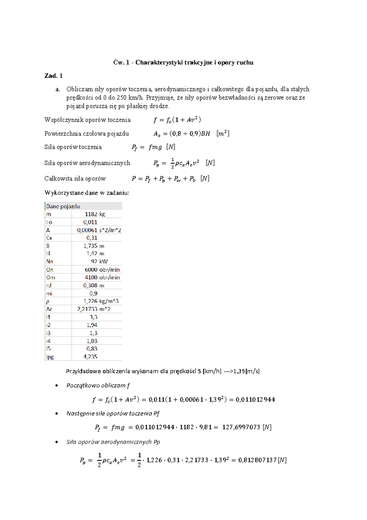 Ćw. 1 - Charakterystyki trakcyjne i opory ruchu - Ćw. 1 ...