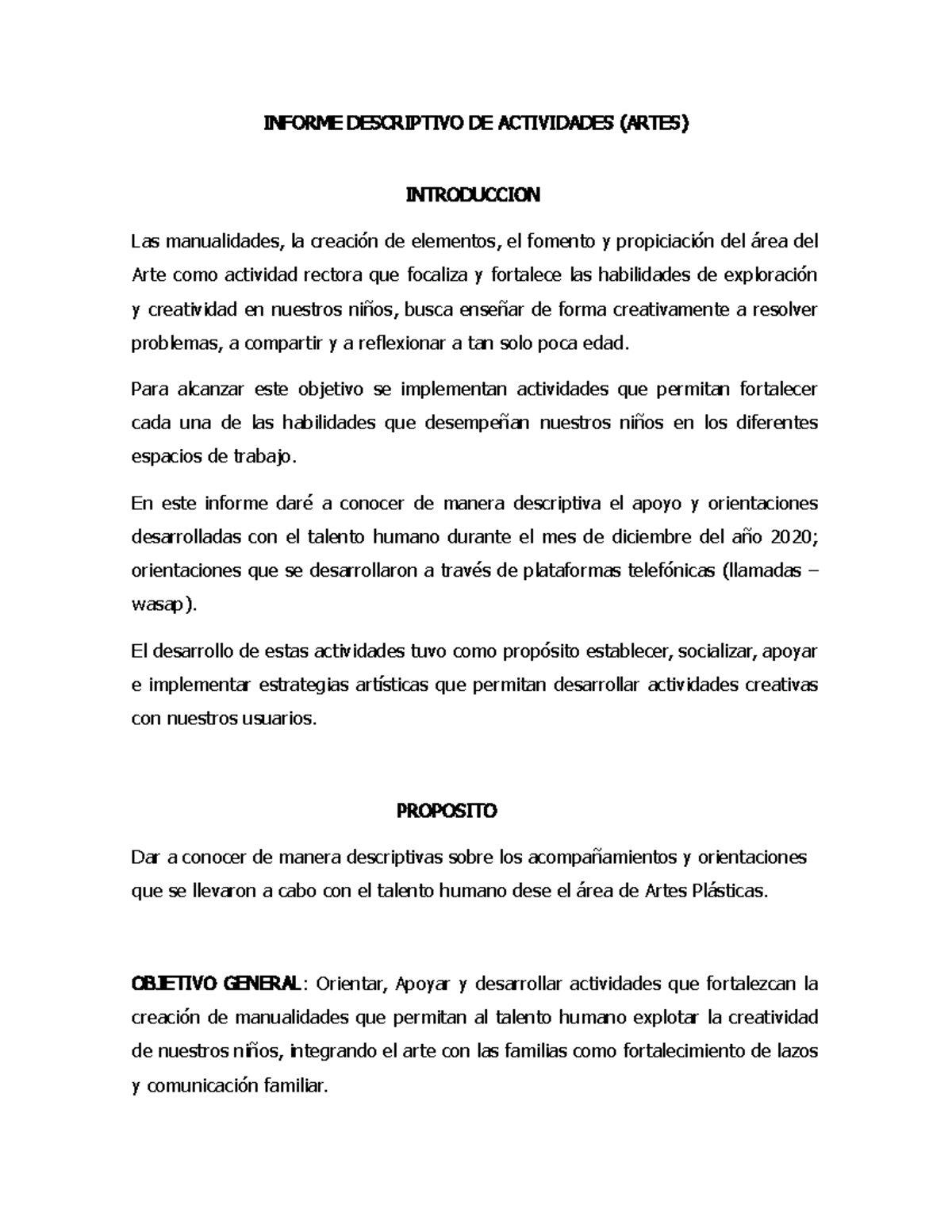 Informe Descriptivo DE Actividades Artes - INFOR ME DESC RIPTI VO DE ...