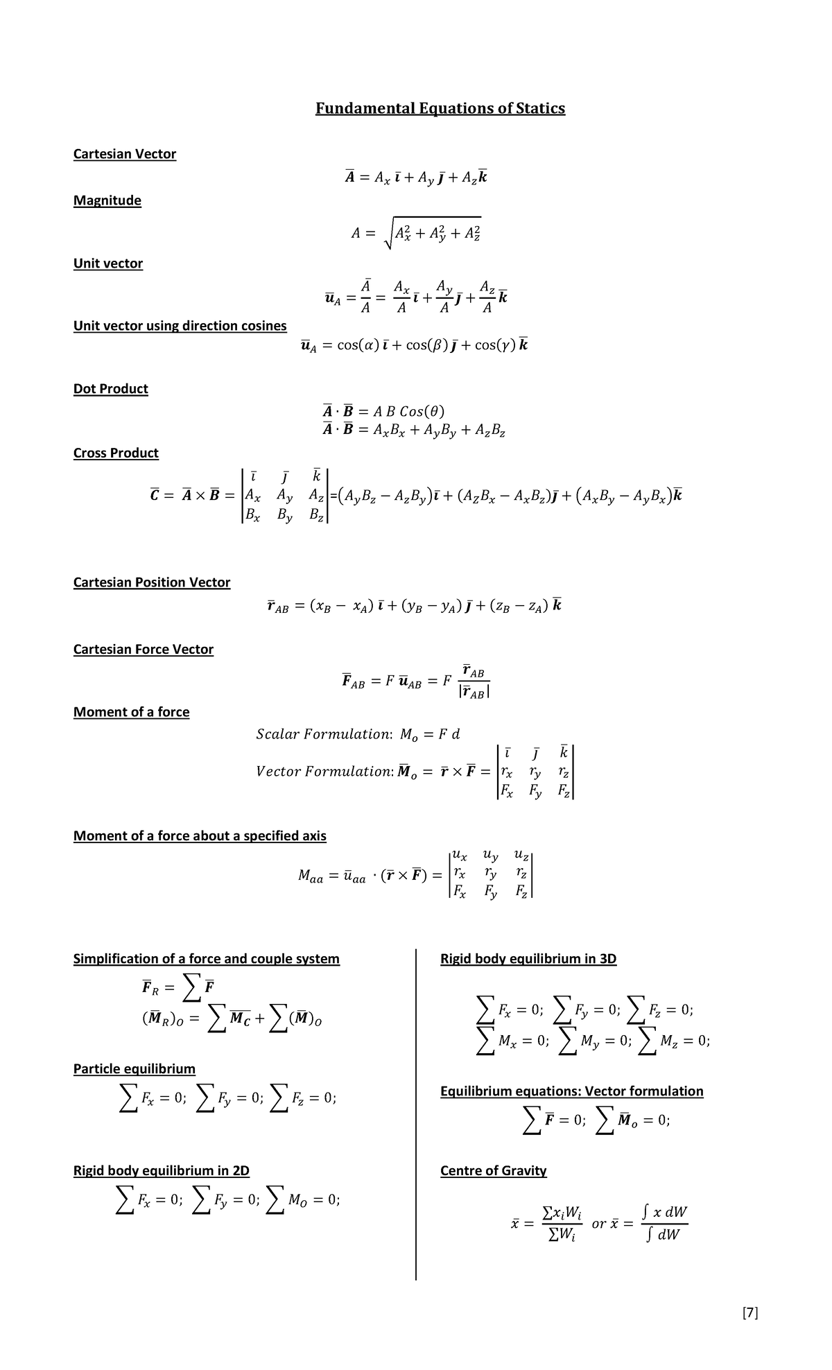 ECOR 1045 Final Exam Formulae Sheet - [ 7 ] Fundamental Equations of ...