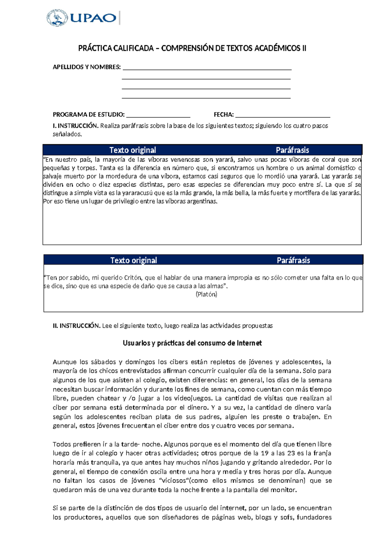 Práct. Calif.- Compren. LECT. DE Textos II-U - PRÁCTICA CALIFICADA – COMPRENSIÓN DE TEXTOS - Studocu