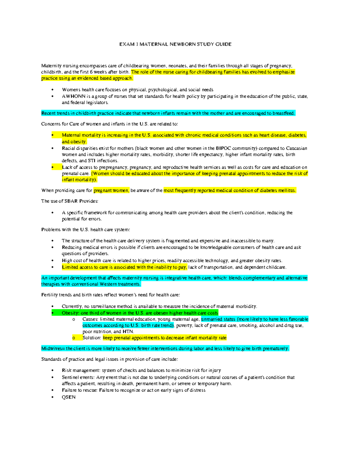 Maternal Newborn Study Guide EXAM I - EXAM 1 MATERNAL NEWBORN STUDY ...