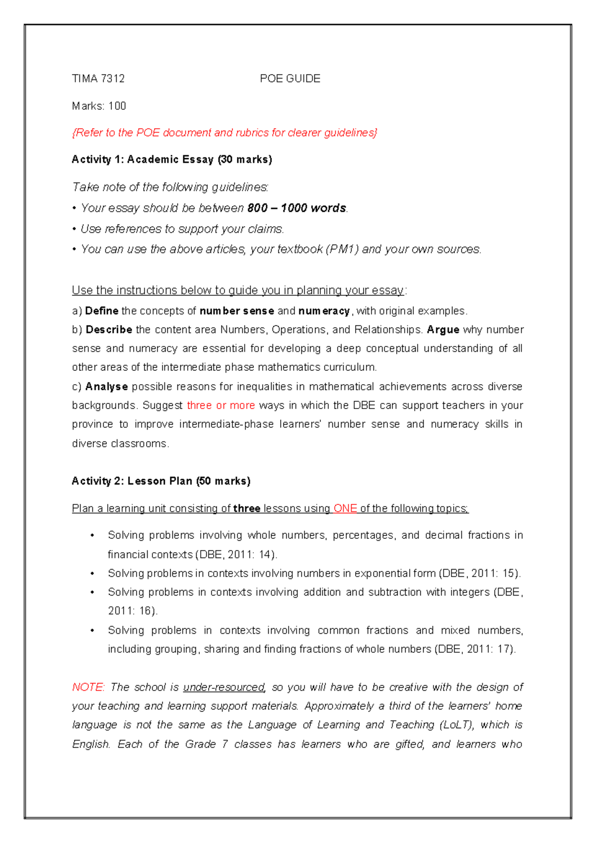 POE Guide - TIMA 7312 POE GUIDE Marks: 100 {Refer to the POE document ...