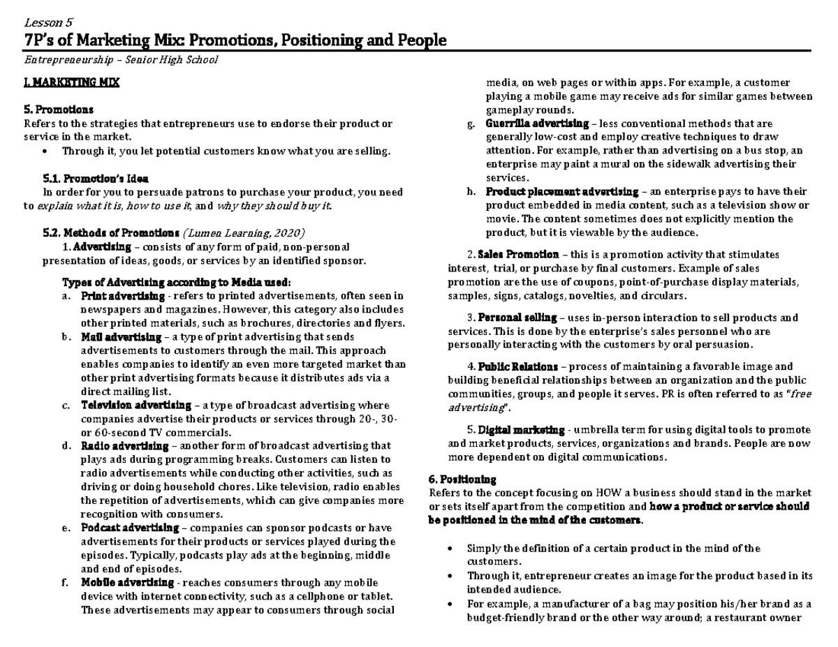 Lesson 5 Entrepreneurship ST - Lesson 5 7P’s of Marketing Mix ...