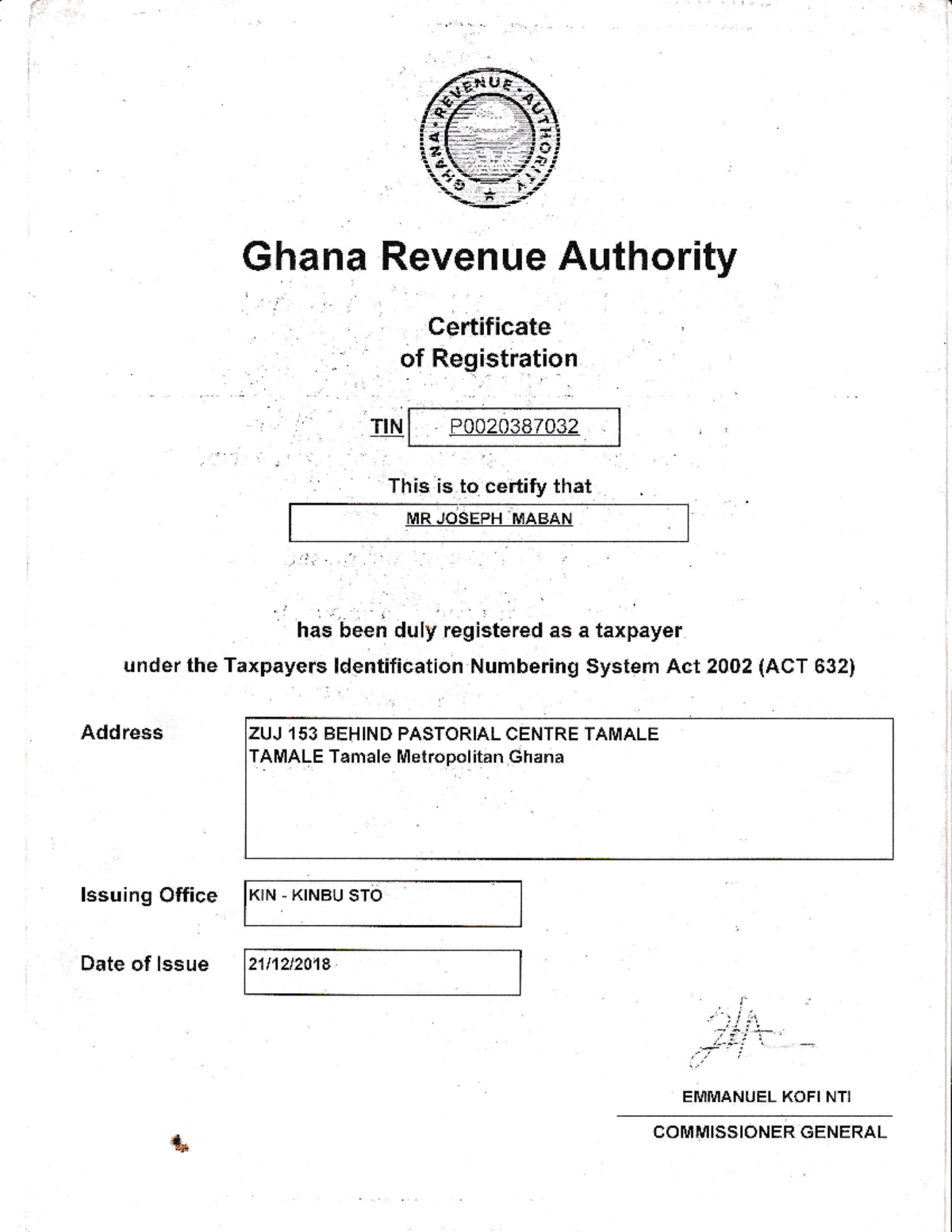 Tin number certificate 20240114 0001 - Ghana Revenue Authority P This ...
