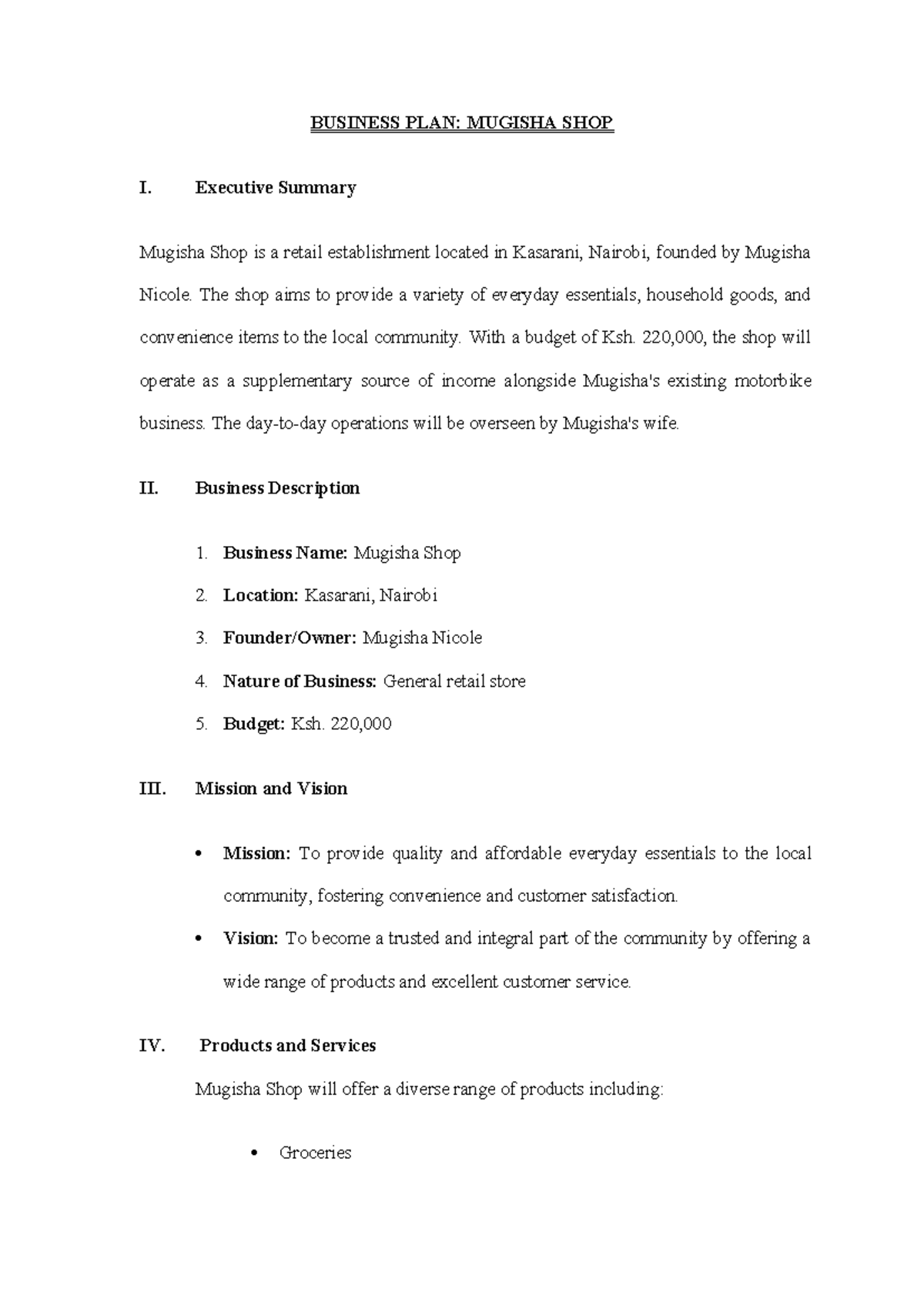 Business Plan - BUSINESS PLAN: MUGISHA SHOP I. Executive Summary ...