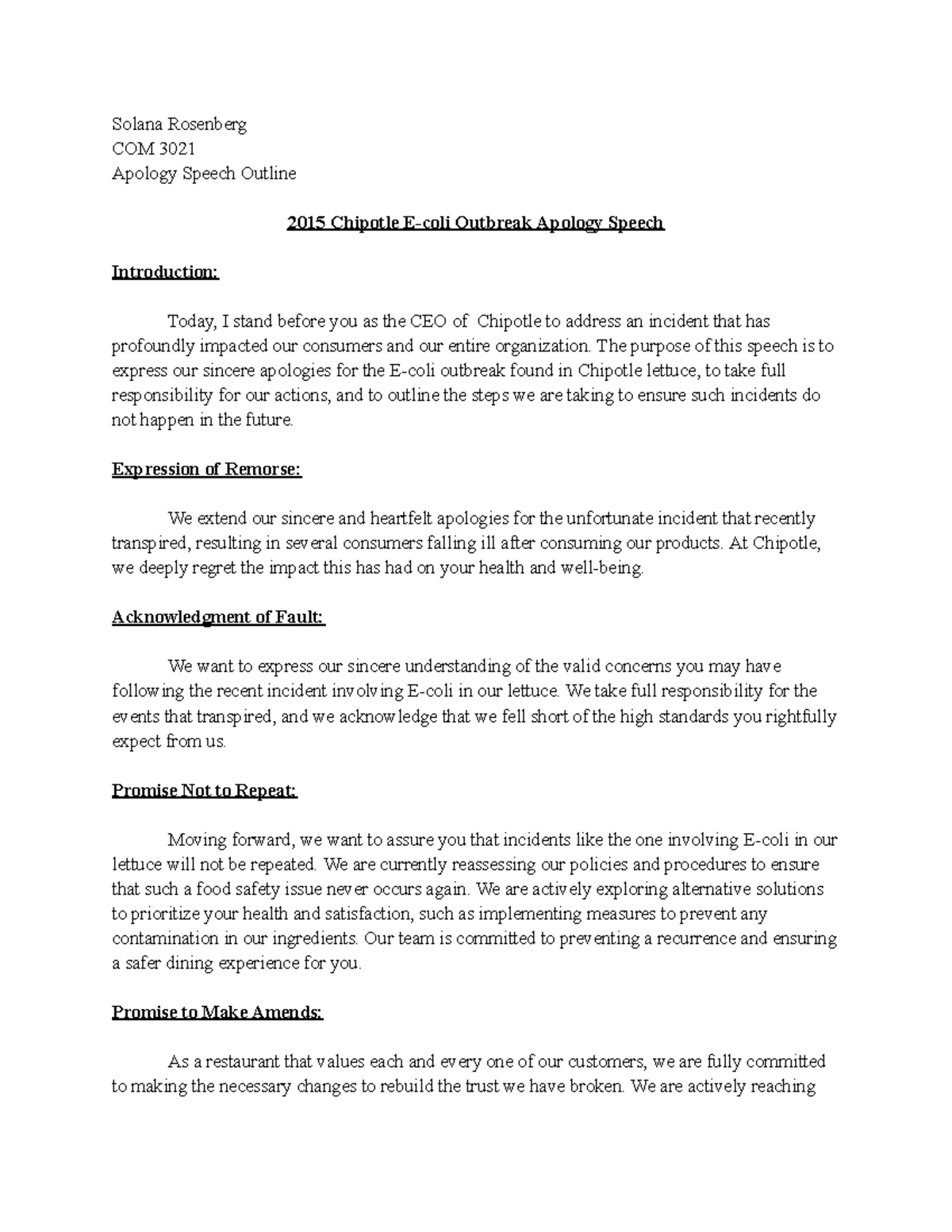 Solana Rosenberg Apology Speech Outline - Solana Rosenberg COM 3021 ...