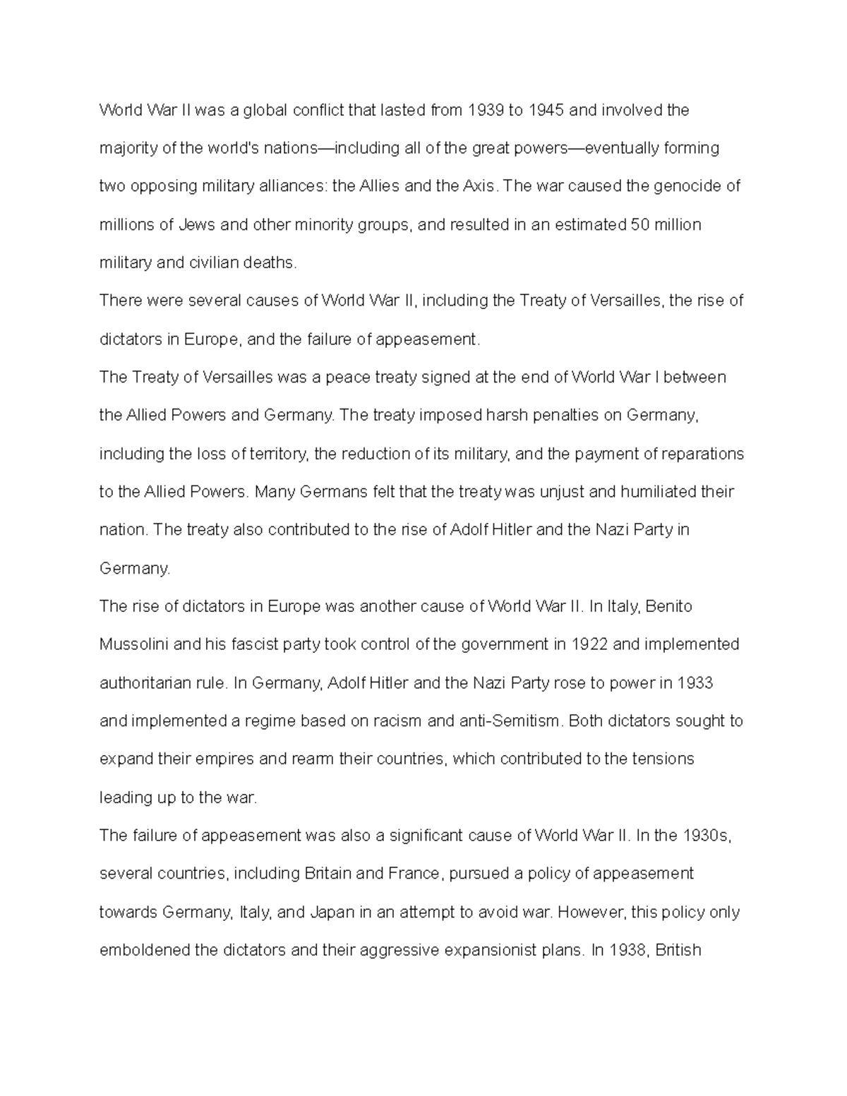 The causes of World War II, including the Treaty of Versailles, the ...
