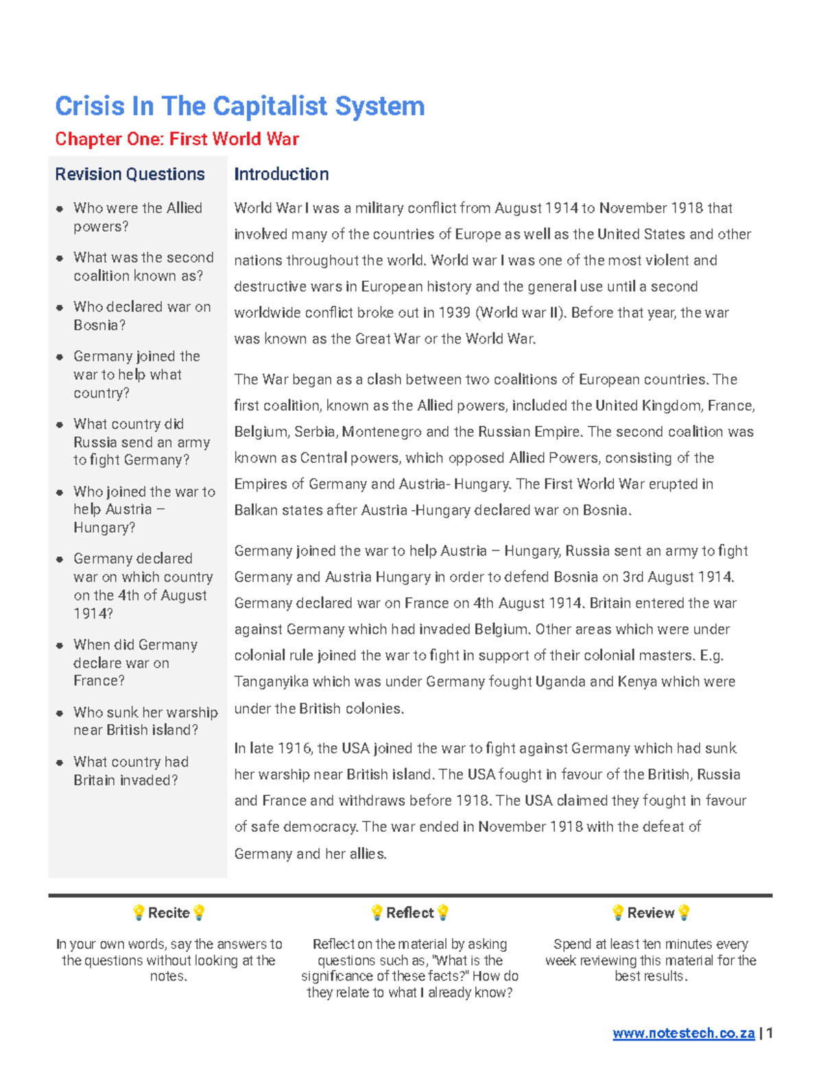 T1-Chapter 1 - First World War - Chapter One: First World War Revision ...