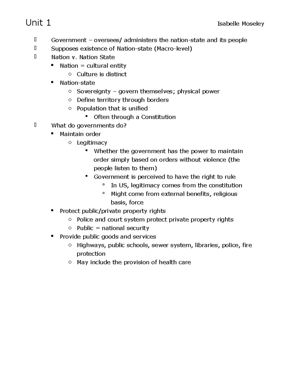 US Gov Notes - Unit 1 Isabelle Moseley Government – oversees ...