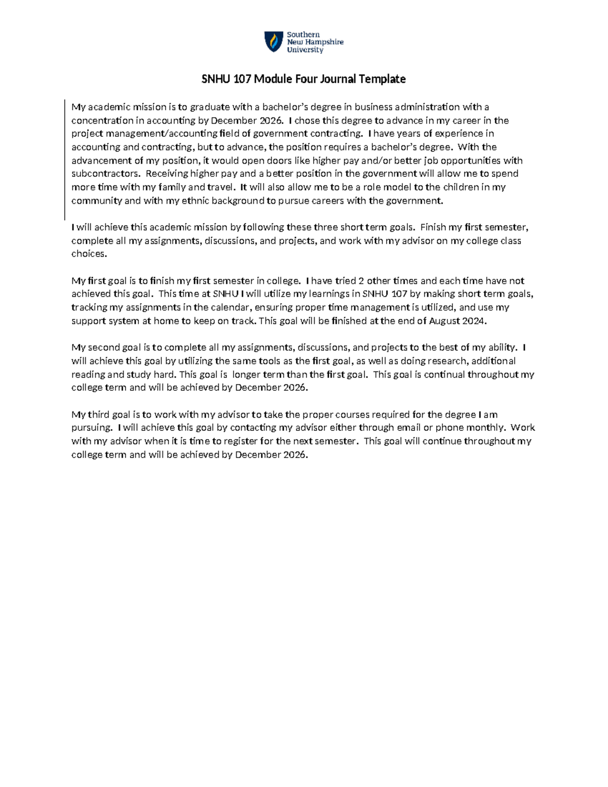 SNHU 107 Module Four Journal Template - SNHU 107 Module Four Journal ...
