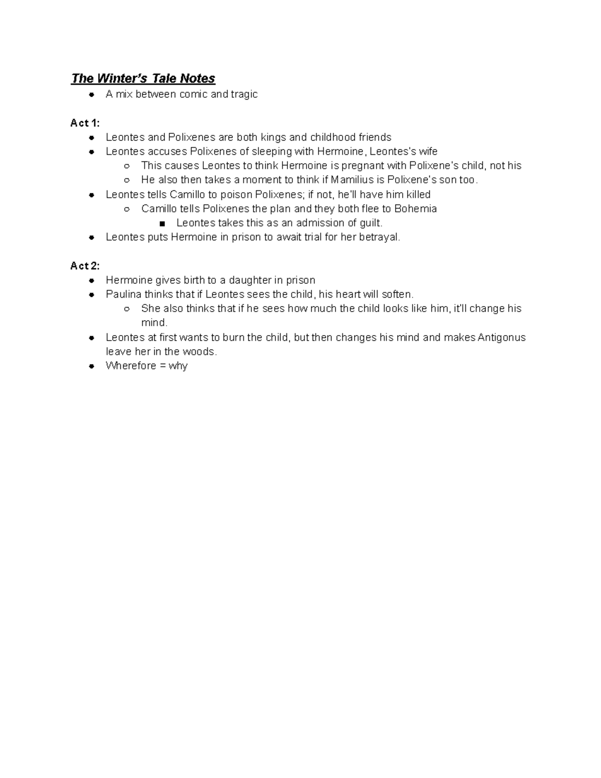 ENGL 2148 The Winter's Tale Notes - The Winter’s Tale Notes A mix ...