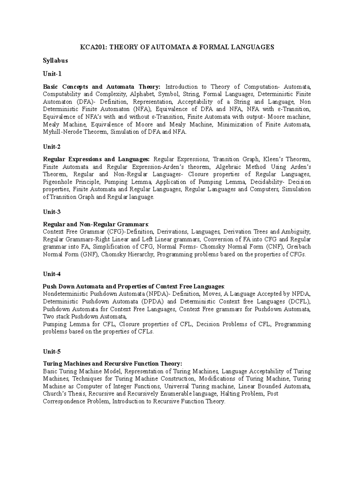 TOC Notes - KCA201: THEORY OF AUTOMATA & FORMAL LANGUAGES Syllabus Unit ...