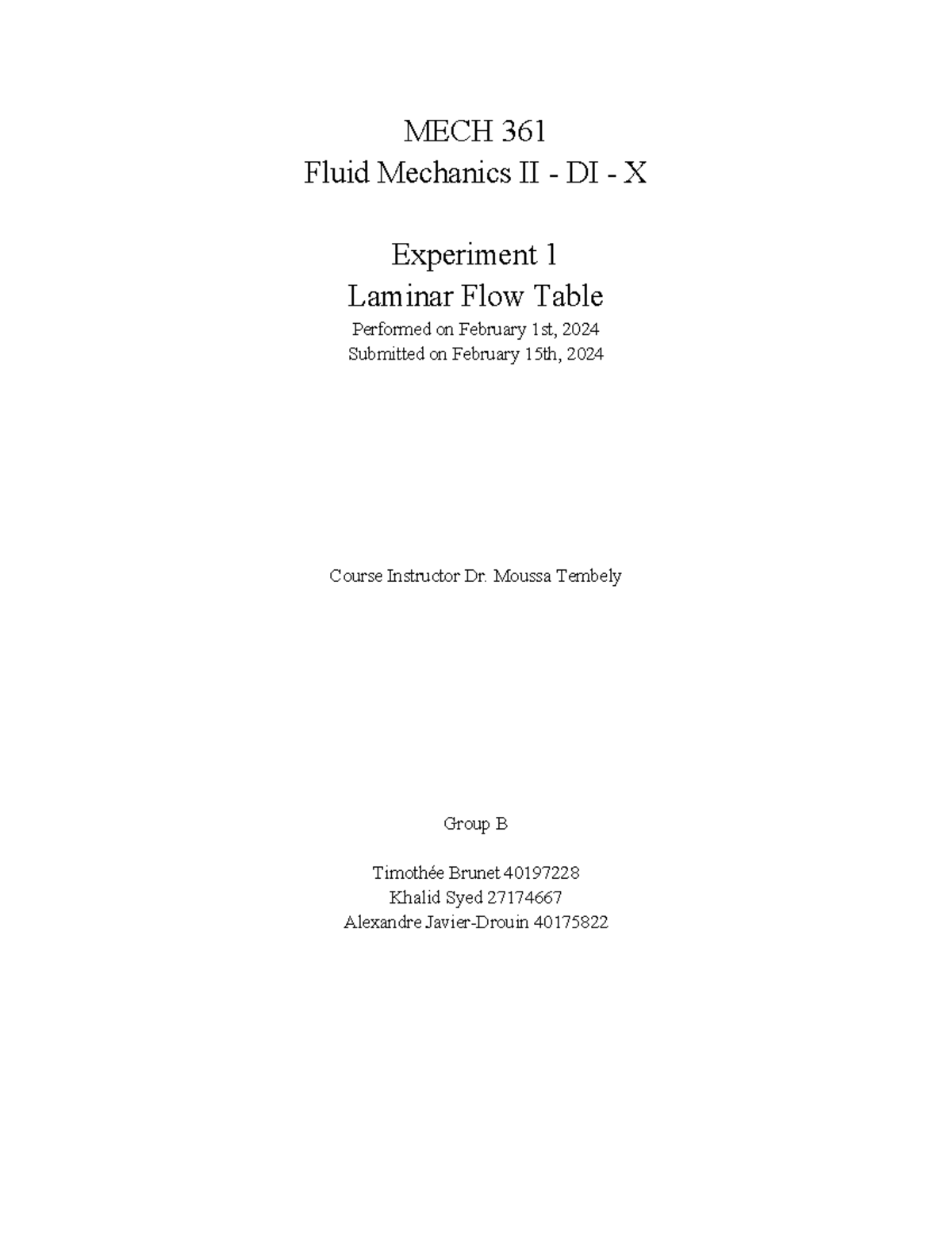 MECH 361 Lab 1 Assignment - MECH 361 Fluid Mechanics II - DI - X ...