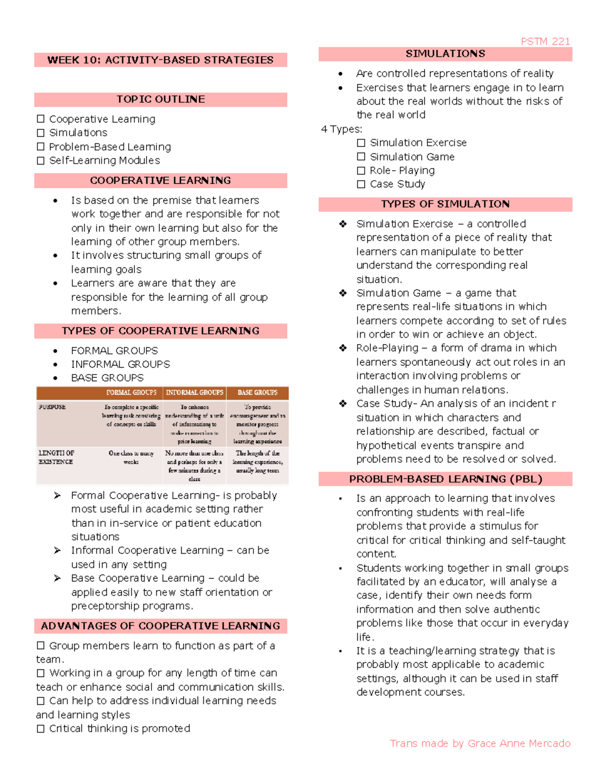Week 10 Activity-Based Teaching Strategies - PSTM 2 21 Trans made by ...