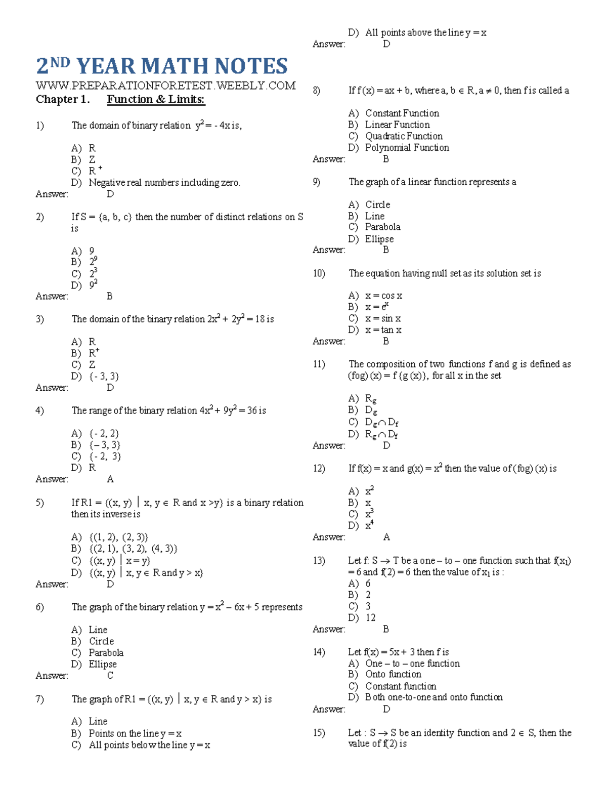 2nd Year Math Chap 1 Mcqs With Answers 2 ND YEAR MATH NOTES WWW
