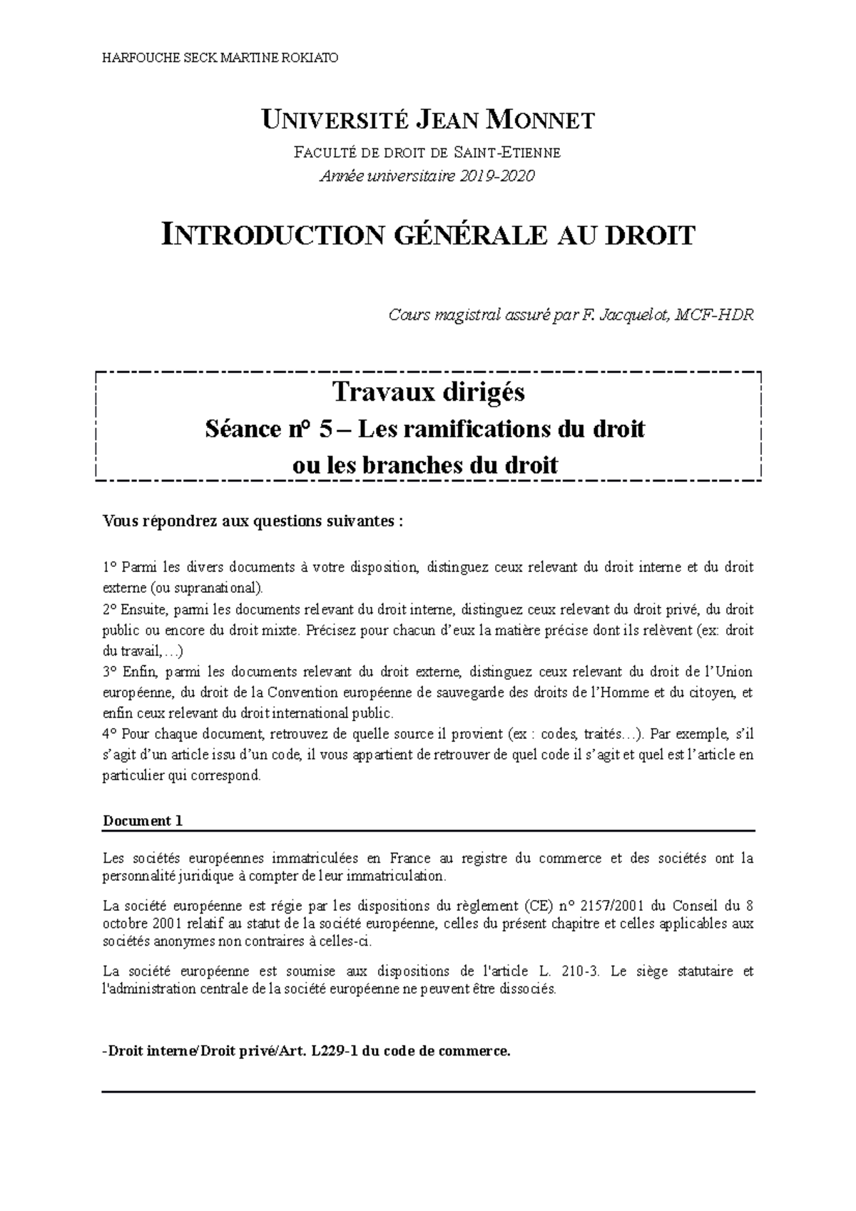 Td intro 5 - UNIVERSITÉ JEAN MONNET FACULTÉ DE DROIT DE SAINT-ETIENNE Année universitaire 2019 ...