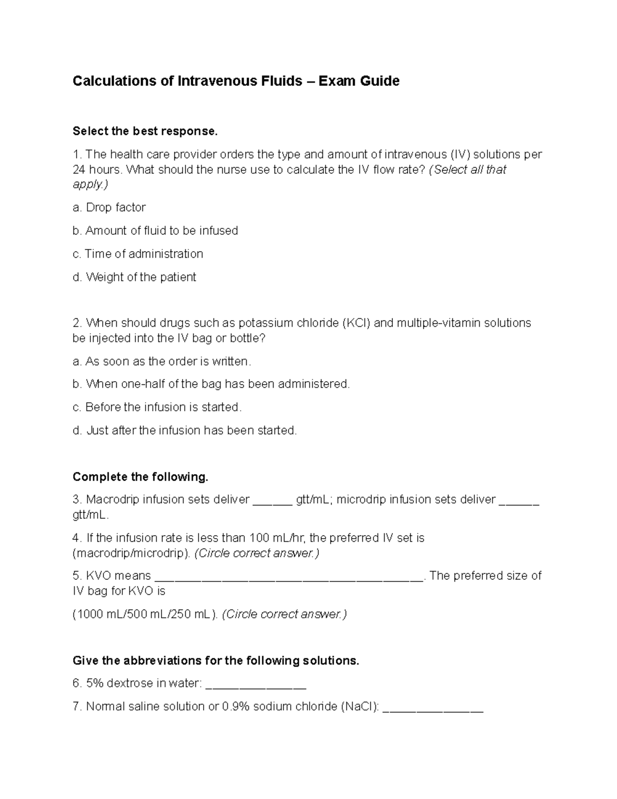 Calculations of Intravenous Fluids-Exam Guide - Calculations of ...