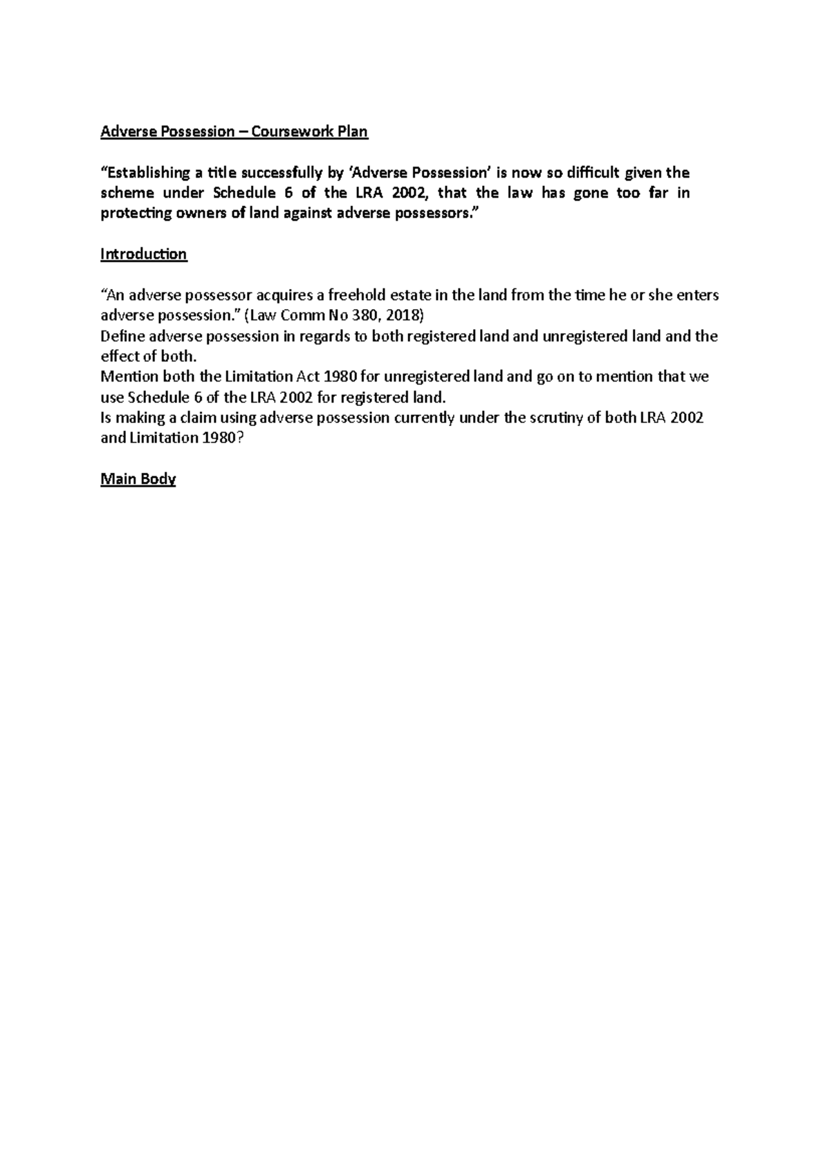 Adverse Possession CW - Adverse Possession – Coursework Plan “Establishing a title successfully ...