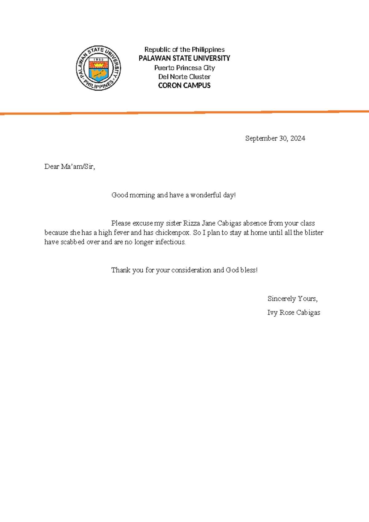 Excuse Letter - thanks me later - ELementary Education - Republic of ...