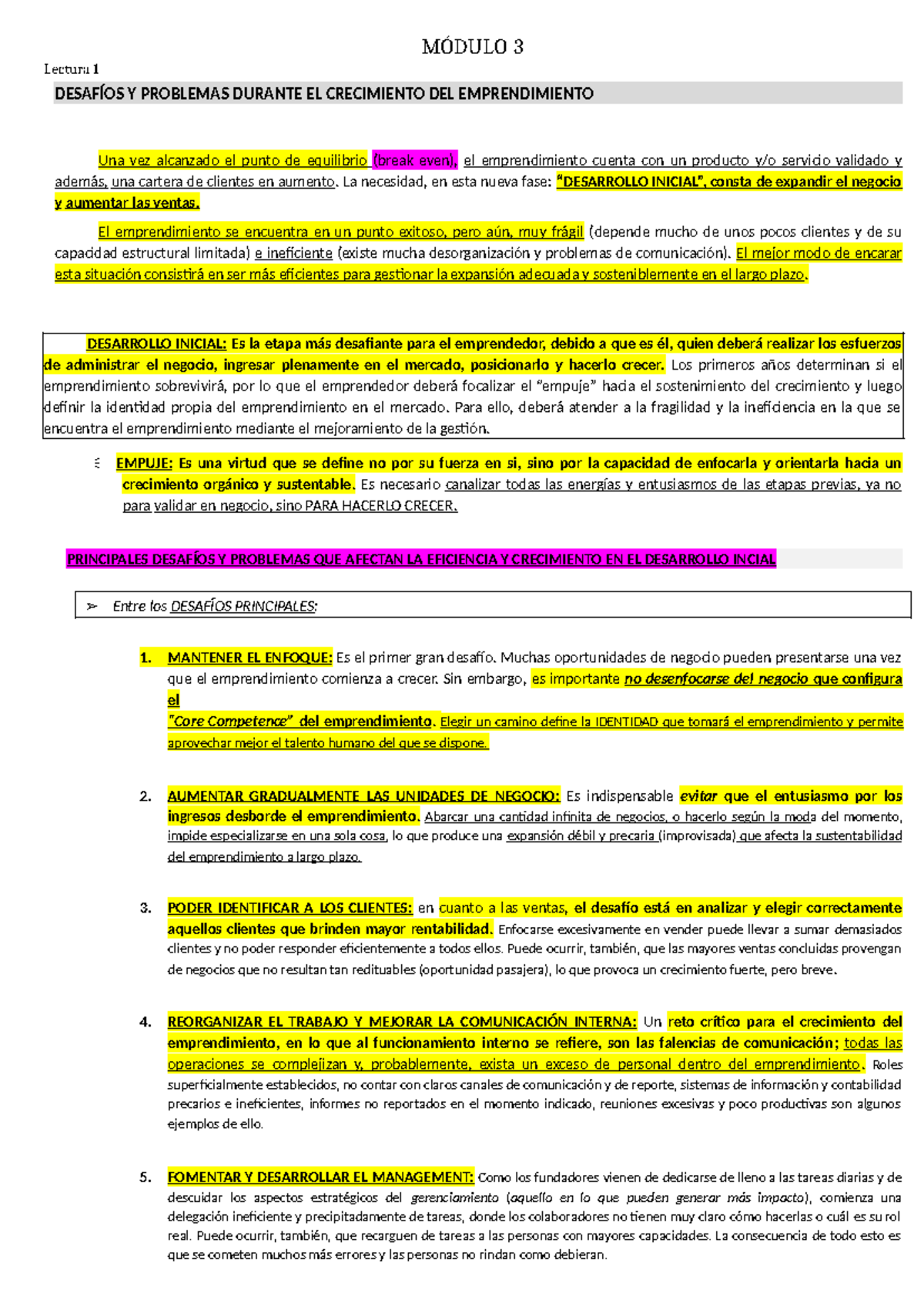 Resumen Modulo 3 y 4 - Desarrollo Emprendedor - MÓDULO 3 Lectura 1 DESAFÍOS Y PROBLEMAS DURANTE ...