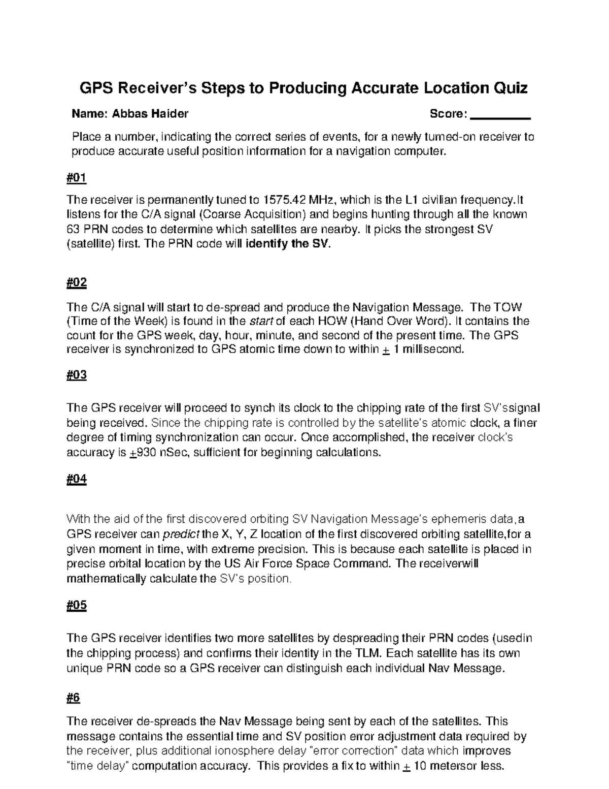 GPS Receiver Steps Lab Quiz Ver 2 - AH - GPS Receiver’s Steps to ...