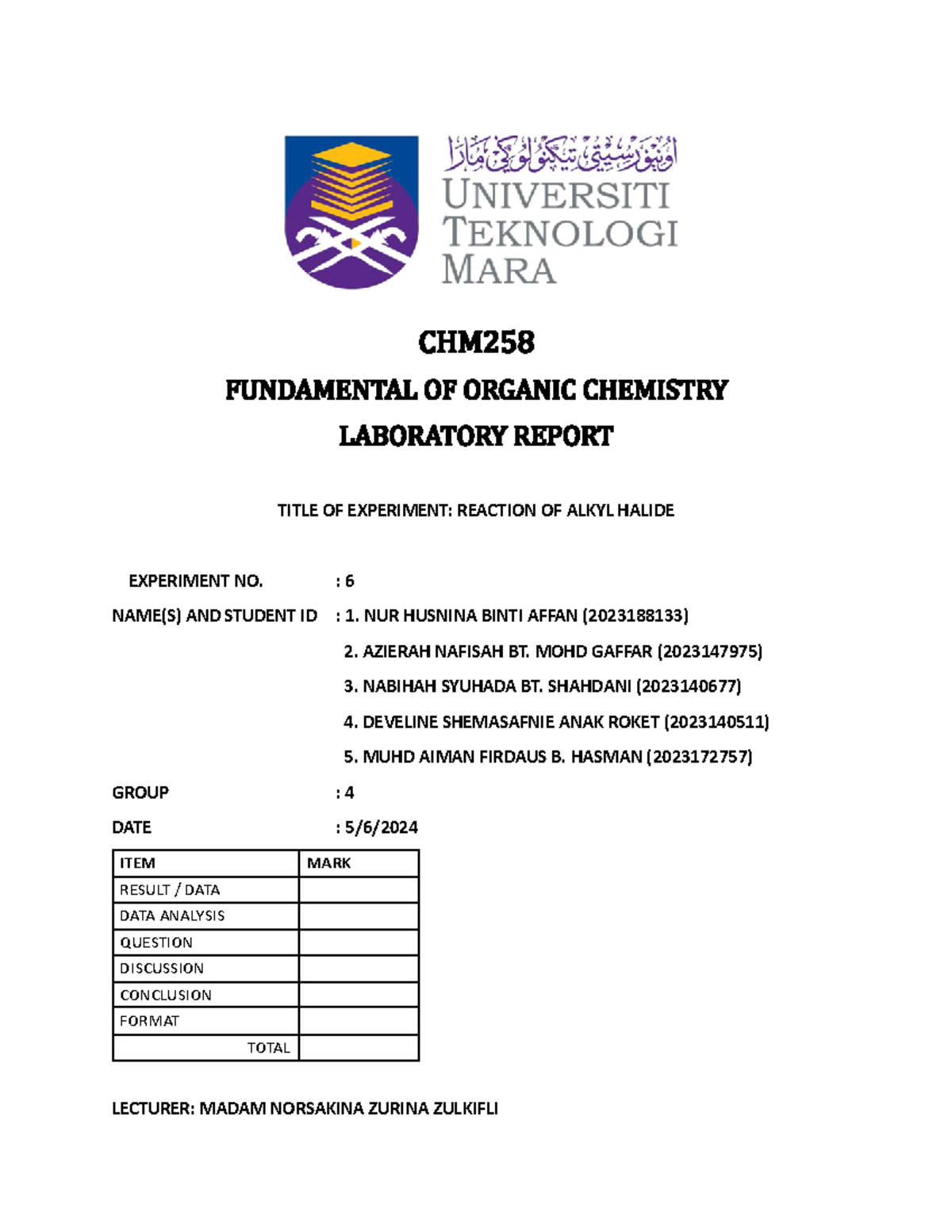 CHM258 EXP6: Reaction of Alkyl Halide - CHM FUNDAMENTAL OF ORGANIC ...