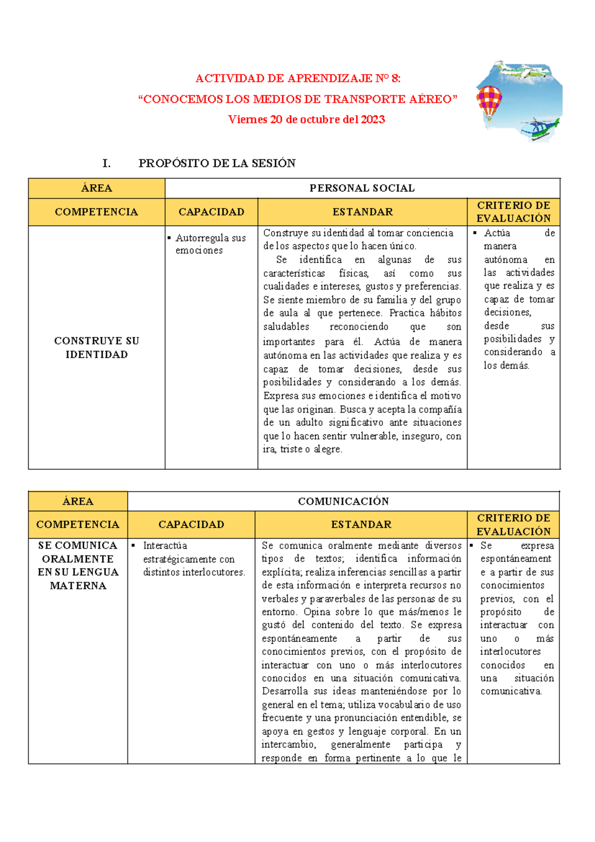 20 de octubre N 8 - actividad sobre medios de transporte - ACTIVIDAD DE APRENDIZAJE N° 8 ...