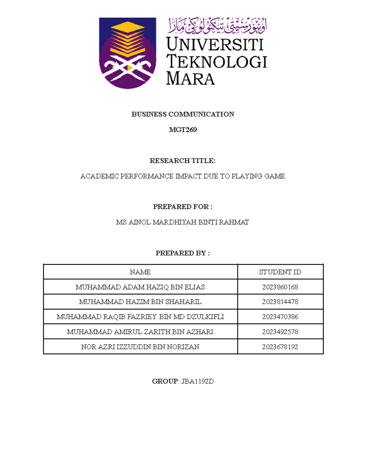 MGT269 - NICE REPORT - BUSINESS COMMUNICATION MGT RESEARCH TITLE ...
