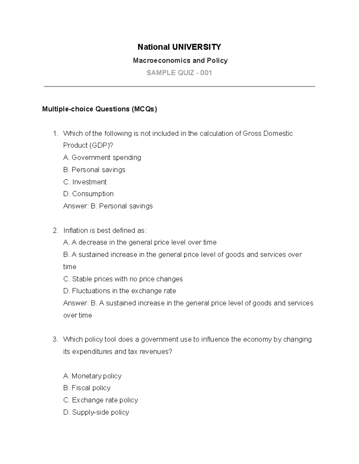 Macroeconomics and Policy - National UNIVERSITY Macroeconomics and ...