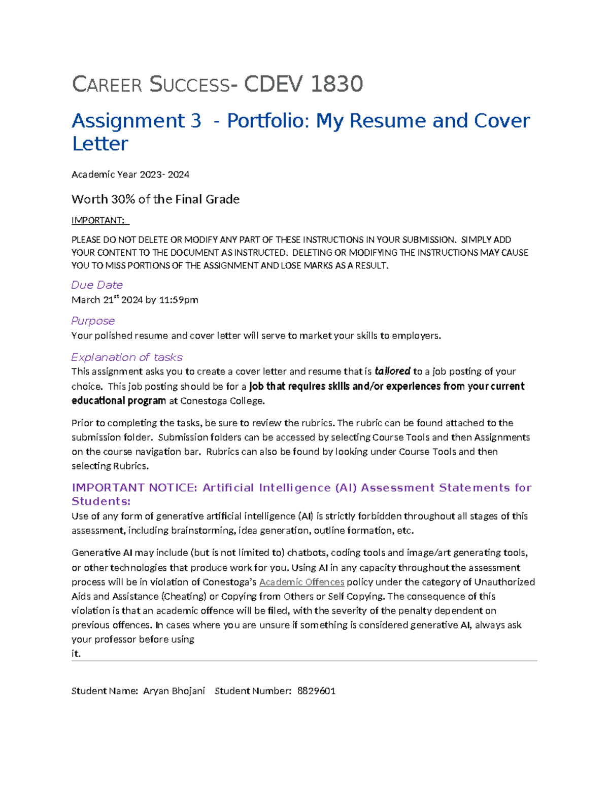 CDEV1830 Assignment 3 - Portfolio - Resume and Cover Letter - CAREER SUCCESS- CDEV 1830 ...