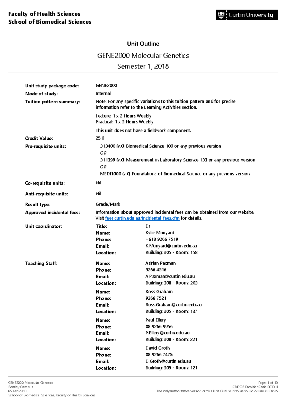 GENE2000 Molecular Genetics Semester 1 2018 Bentley Campus INT ...