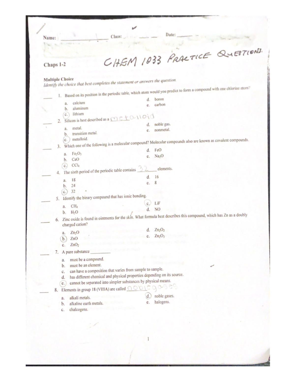 Chaps 1-2 - Chemistry chapters 1 and 2 practice material/review - CHEM ...